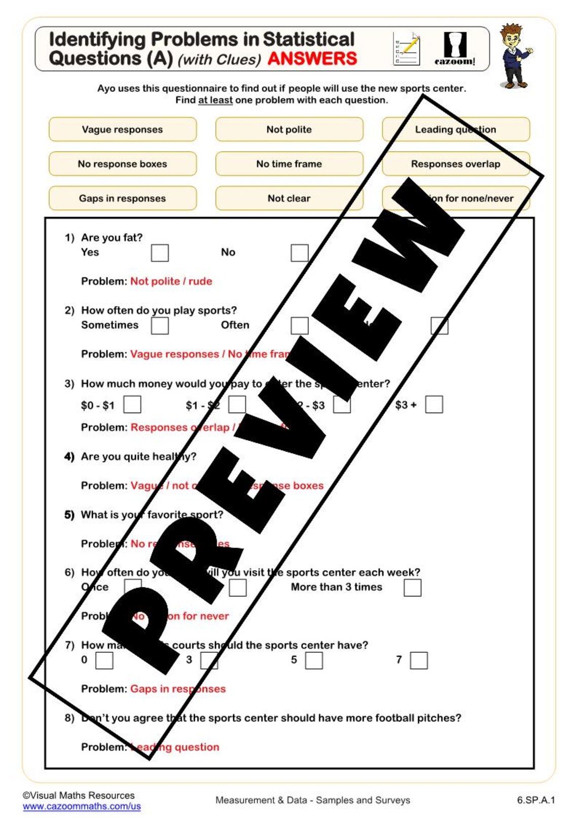 Identifying Problems in Statistical Questions Worksheets | 6th Grade ...