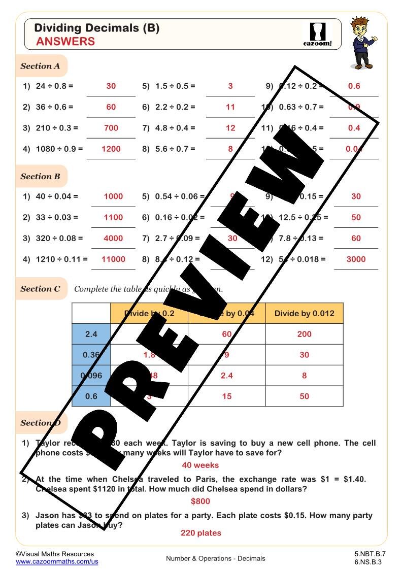 Dividing Decimals Practice Worksheets for 6th Grade | Number and ...