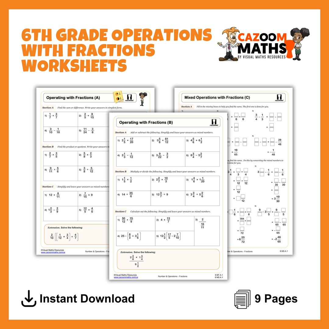 Basic Operations With Fraction Printable Math Worksheets | 6th Grade ...