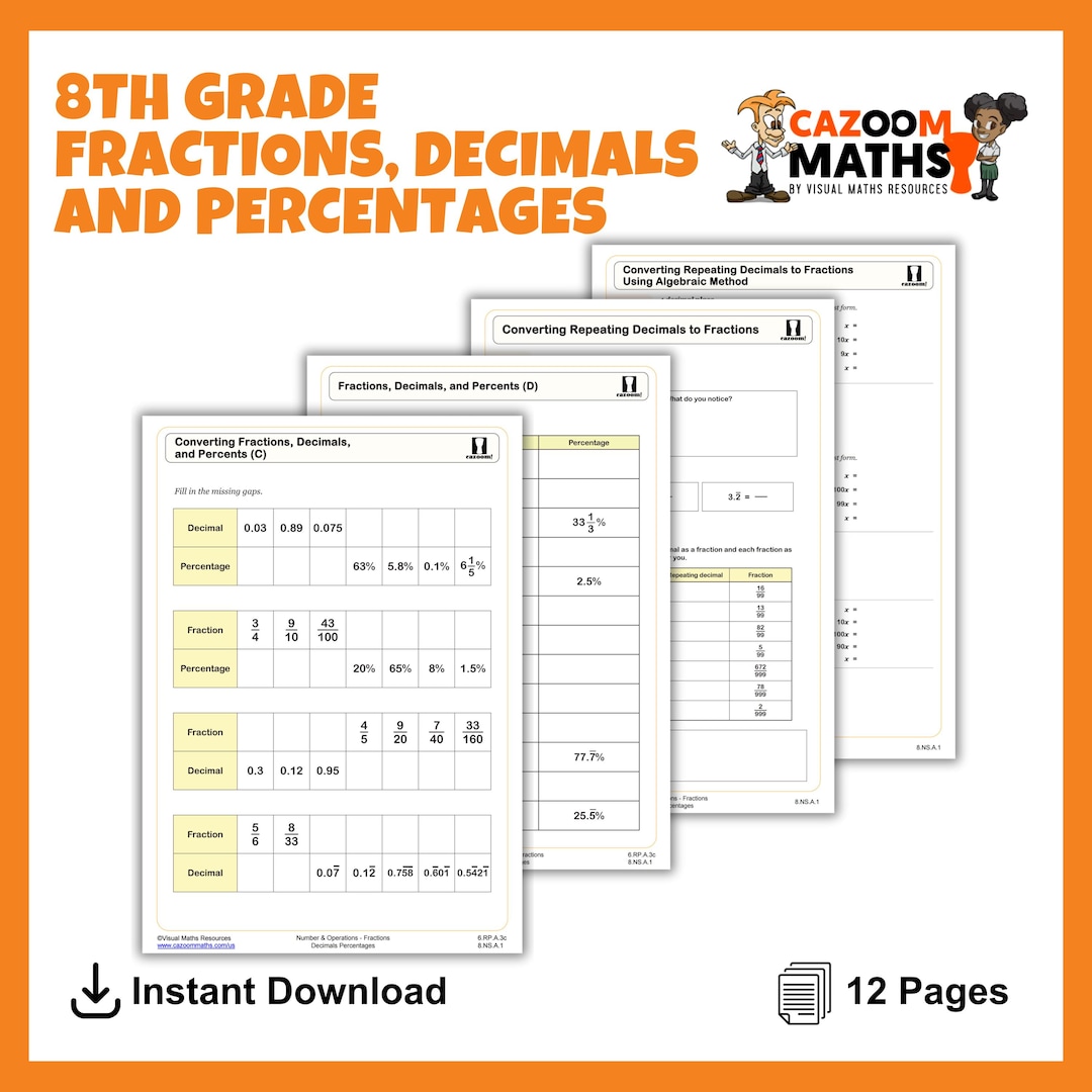 8th Grade Fractions, Decimals, Percentages Worksheets With Answers ...