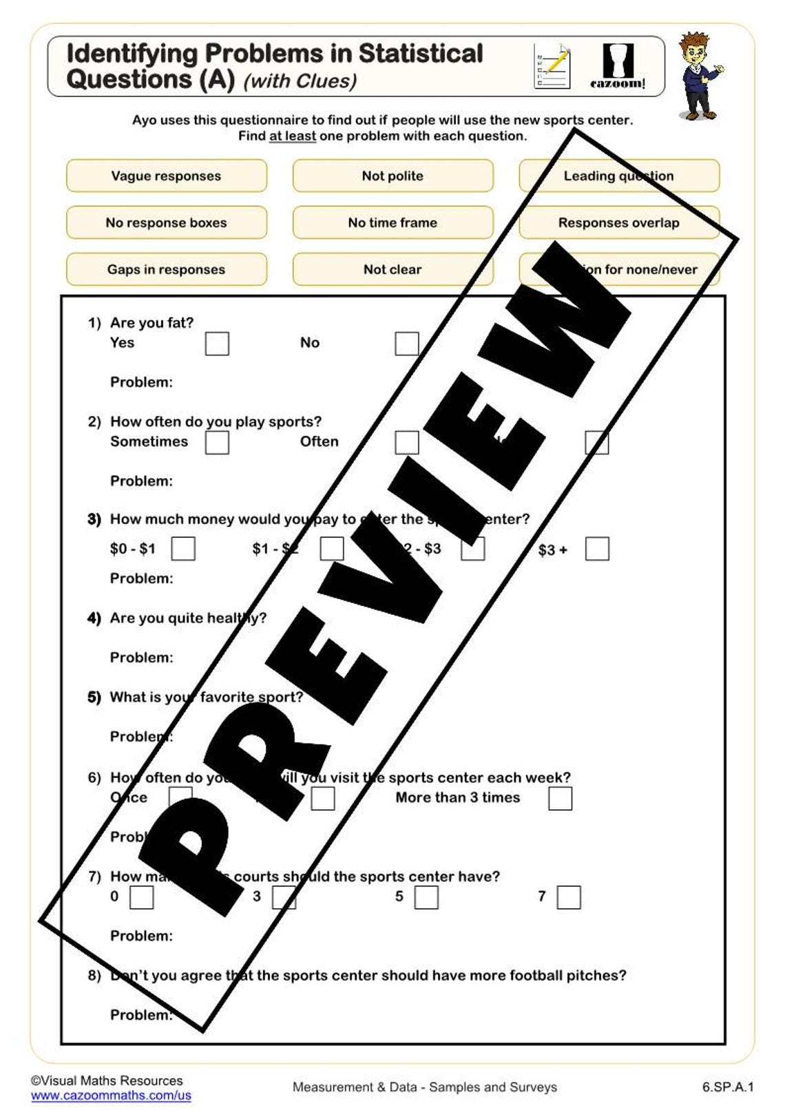 Identifying Problems in Statistical Questions Worksheets | 6th Grade ...