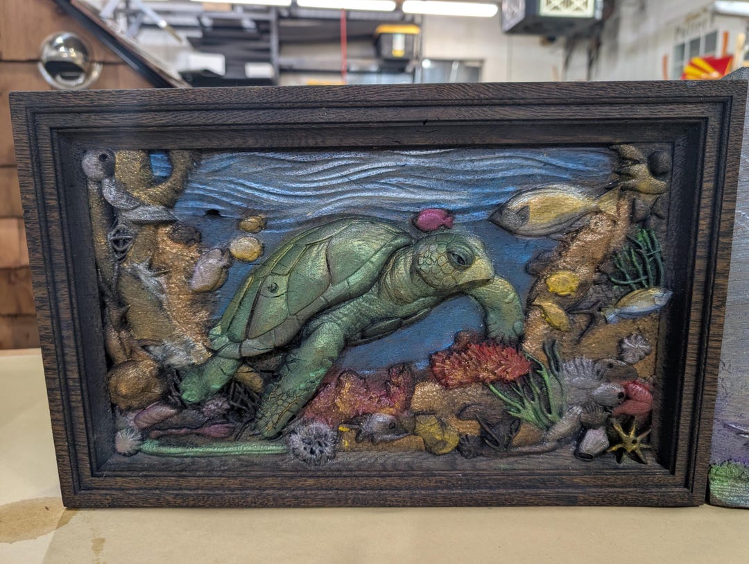 Reclaimed Oak Seascape Relief Carving: Colorized Sea Turtle Art - Etsy
