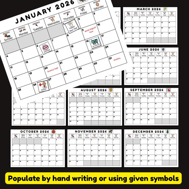 2026 Adapted Calendar | Symbolated Days & Events | Time Management ...