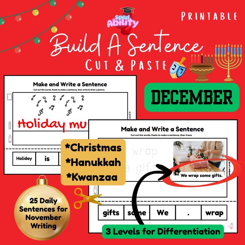 DECEMBER Build & Write Sentence Worksheets | 25 Days of Prompts | 3 ...