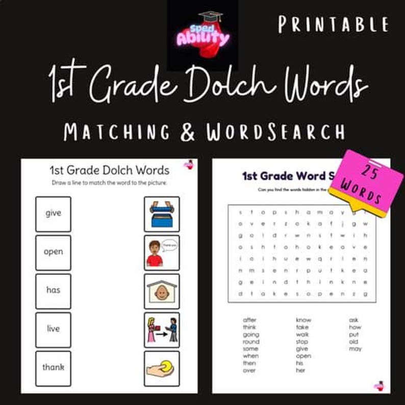 First Grade Dolch Words | Matching Activity & Word Search | Early ...