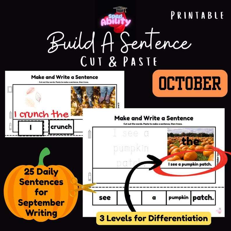 OCTOBER Build & Write Sentence Worksheets | 25 Days of Prompts | 3 ...