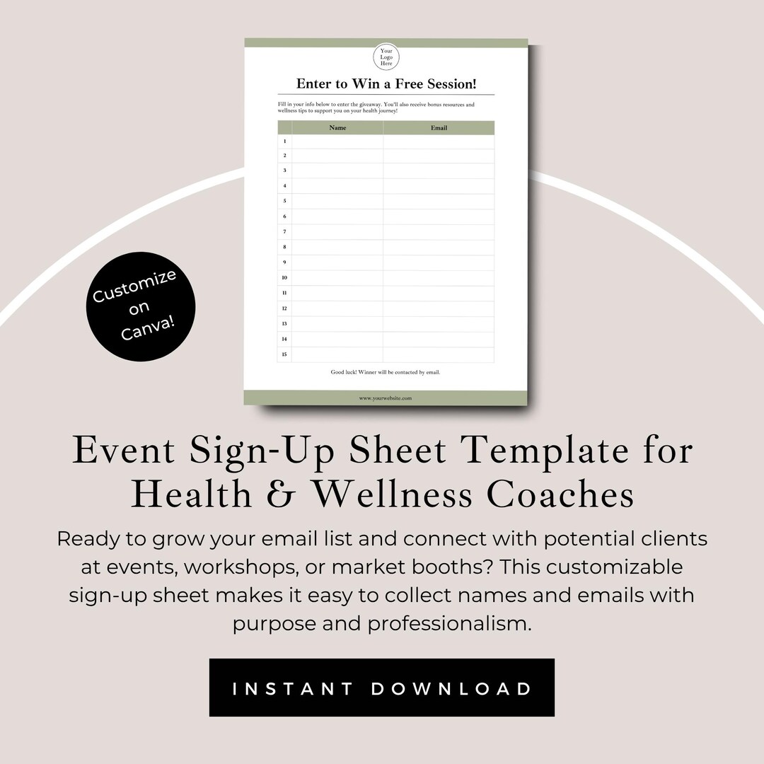 Editable Health Coach Sign-up Sheet: Email Capture Form (canva Template ...