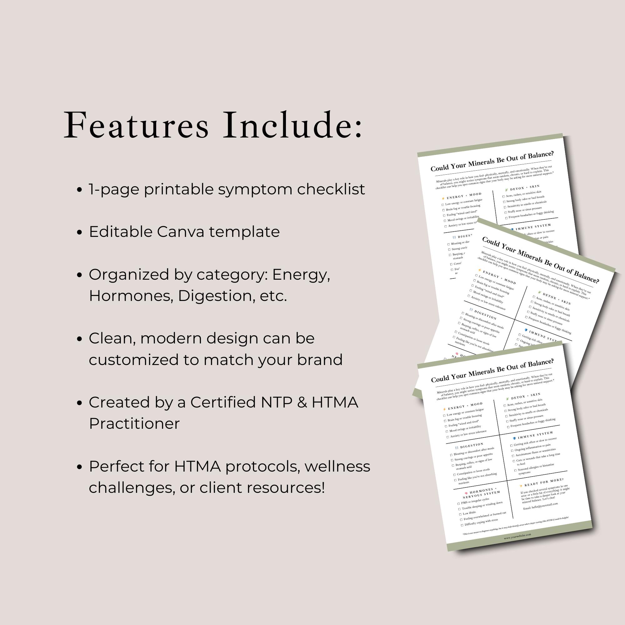 HTMA Symptom Checklist, Nutrition Coach Handout, Canva Editable ...