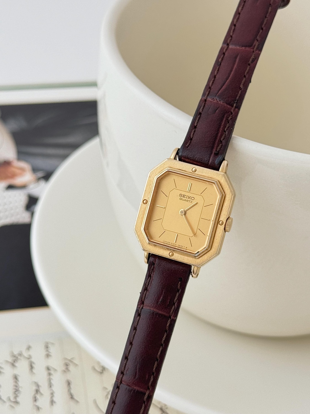 Vintage Seiko Gold Plated Octagon Case Watch With Leather Strap, Quartz ...