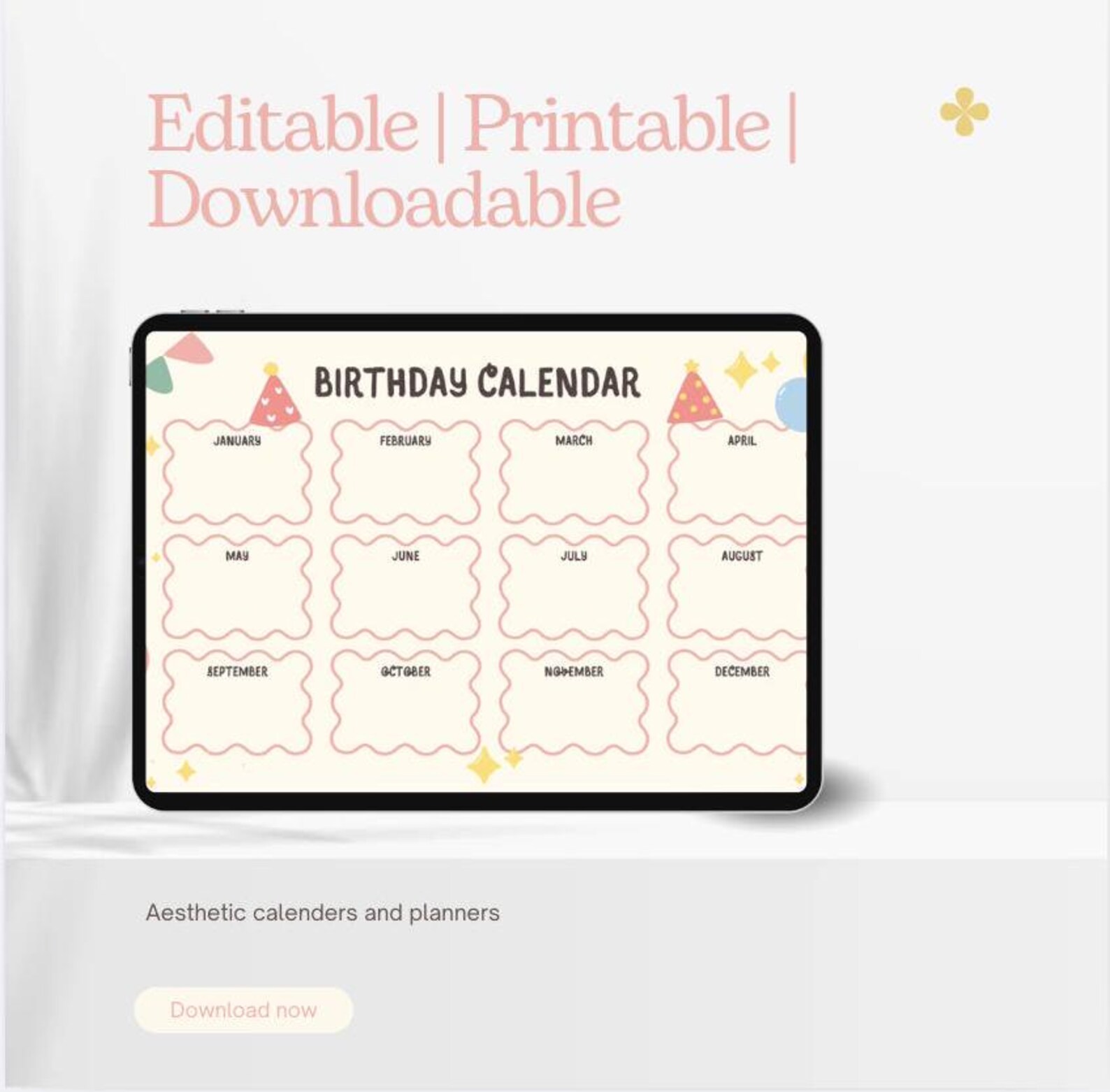 Printable Beige and Pink Colourful Illustrative Cute Birthday Calendar ...