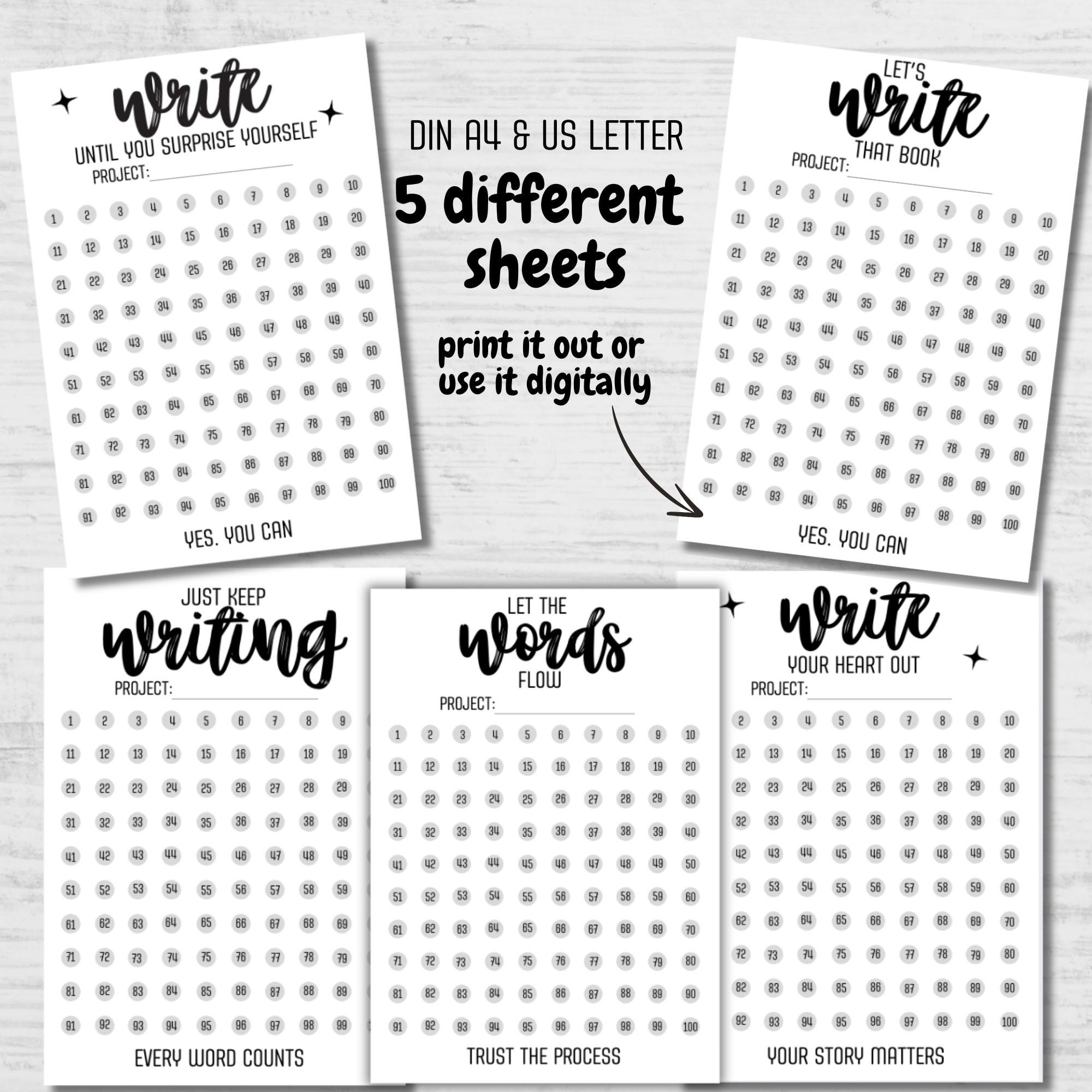 Printable Word Count Tracker | Writing Tracker PDF | 5 Versions | A4 ...