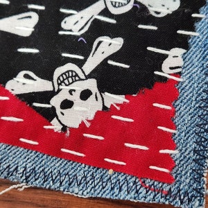 Small Denim Patch, Halloween Skull Crossbones, Sashiko Handstitched Boro Inspired Mending Patch ...