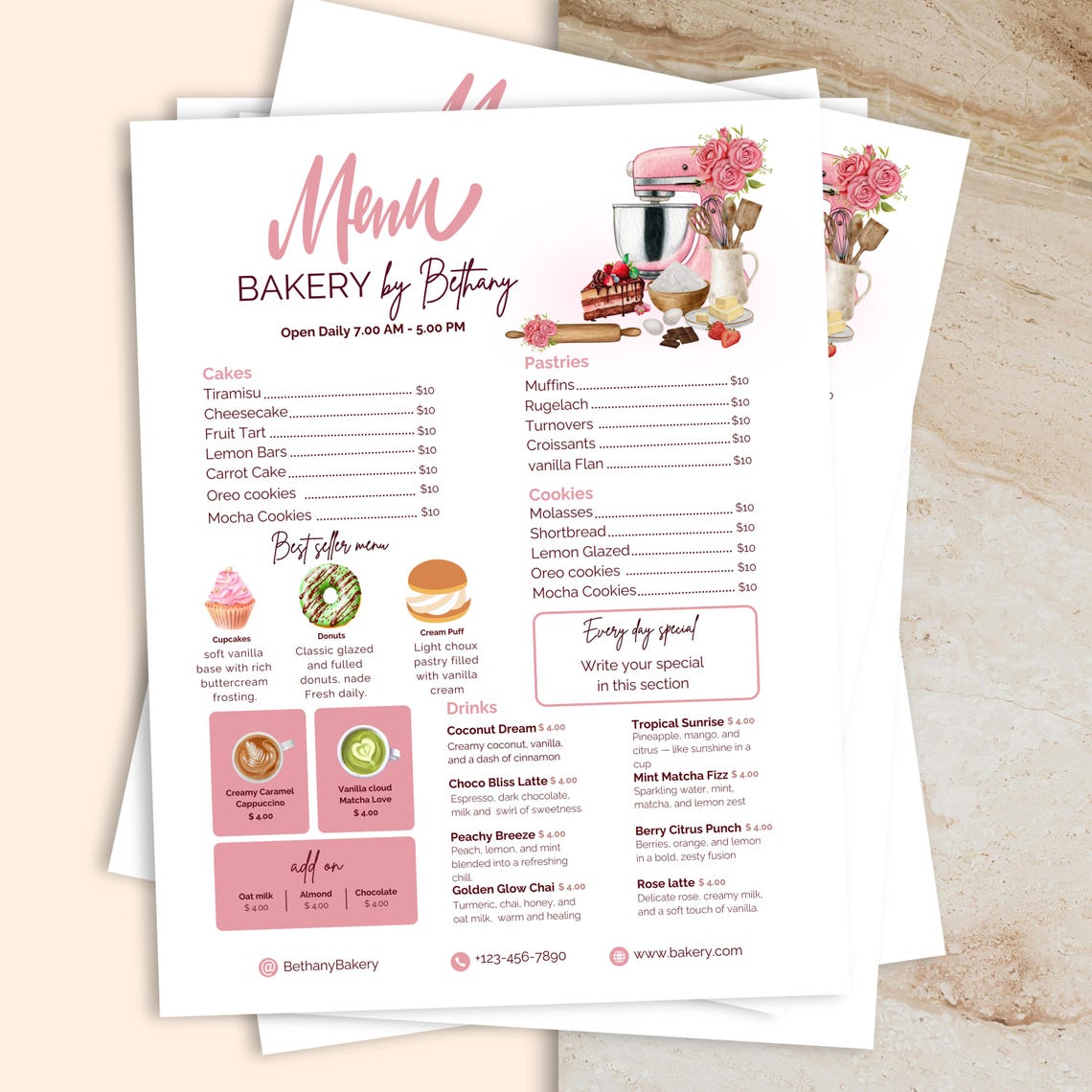 Pink Bakery Menu Template | Editable Cafe Menu, Canvatemplate (8.5x11 ...