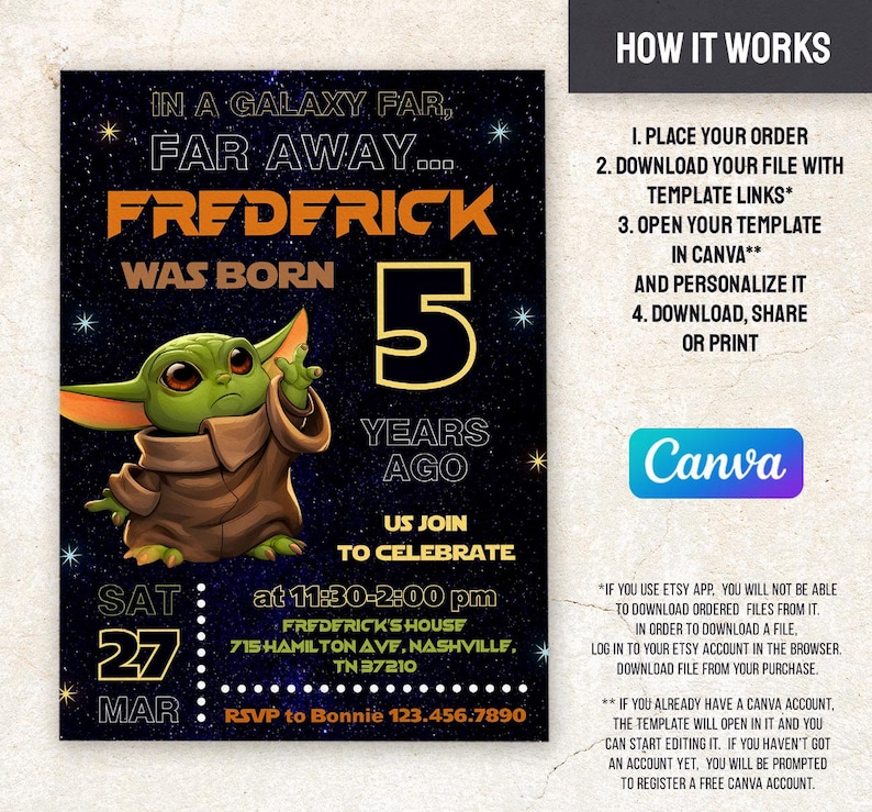 Invitación de cumpleaños de Baby Yoda, invitación de Star Wars ...