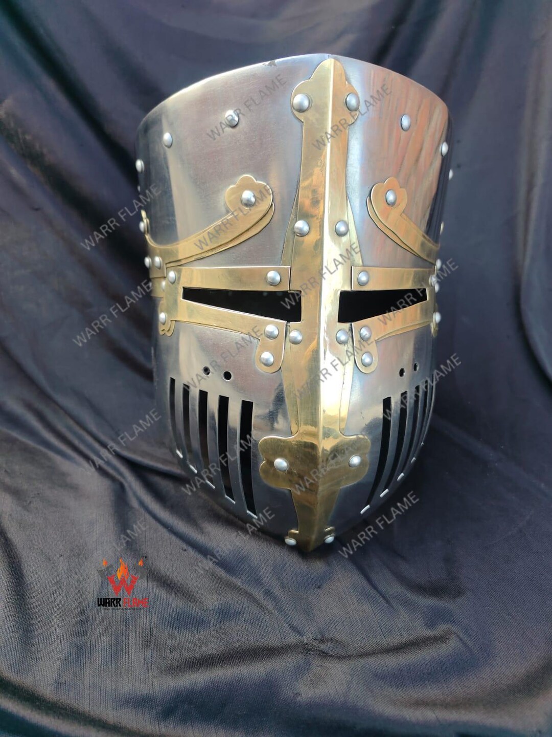 Medieval Great Helm Crusader Knight Helmet | Brass Cross Barrel Pot ...