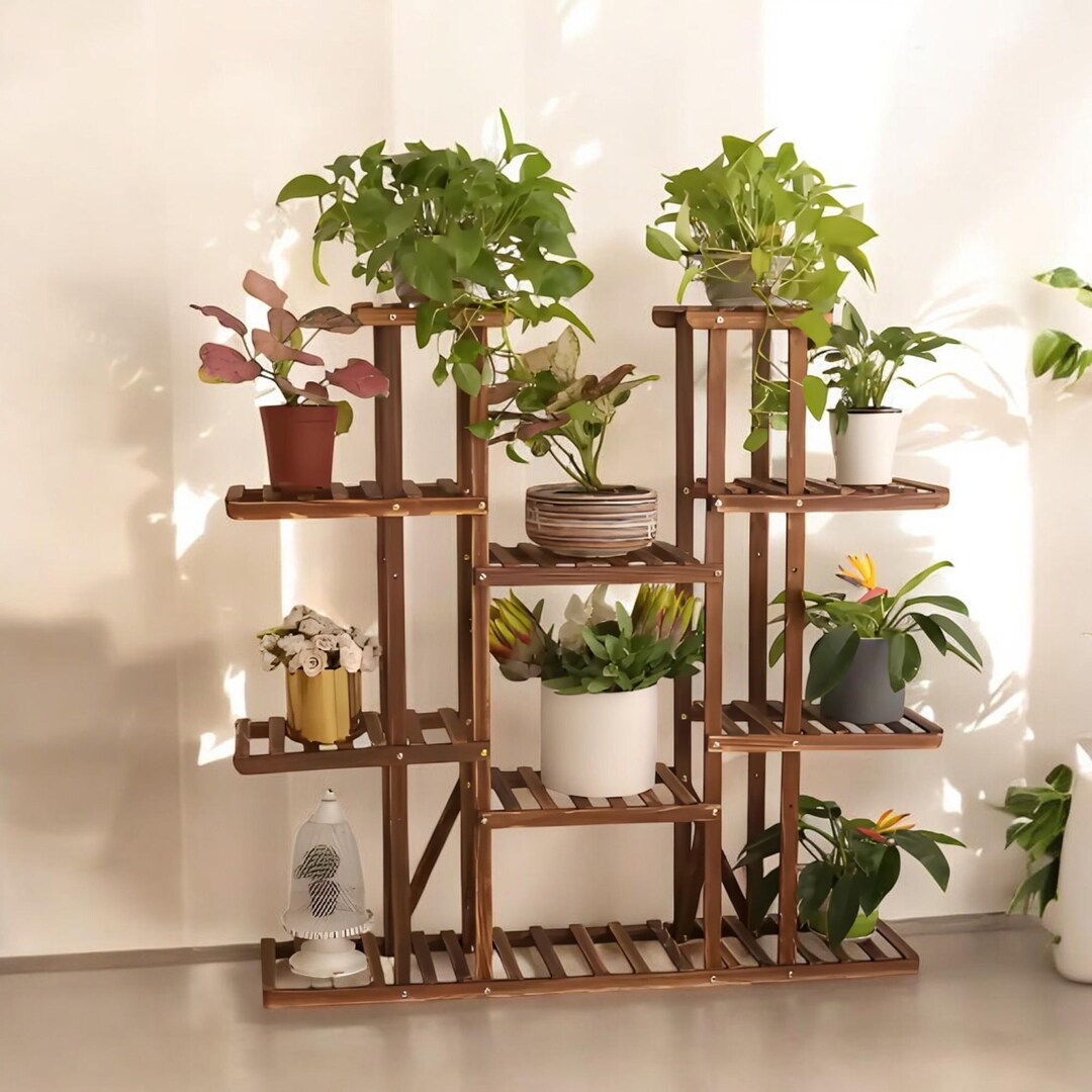 Multi-tier Wooden Plant Stand - Large Indoor Outdoor Flower Shelf ...