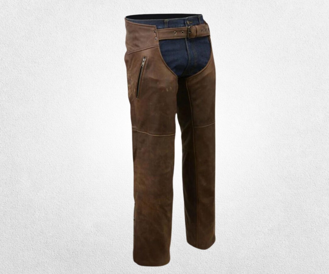 Men’s Classic Brown Leather Biker Chaps With Dual Zippered Pockets ...