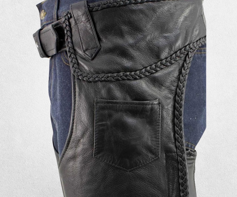Men’s Modern Black Leather Motorcycle Chaps | Adjustable Fit Riding ...