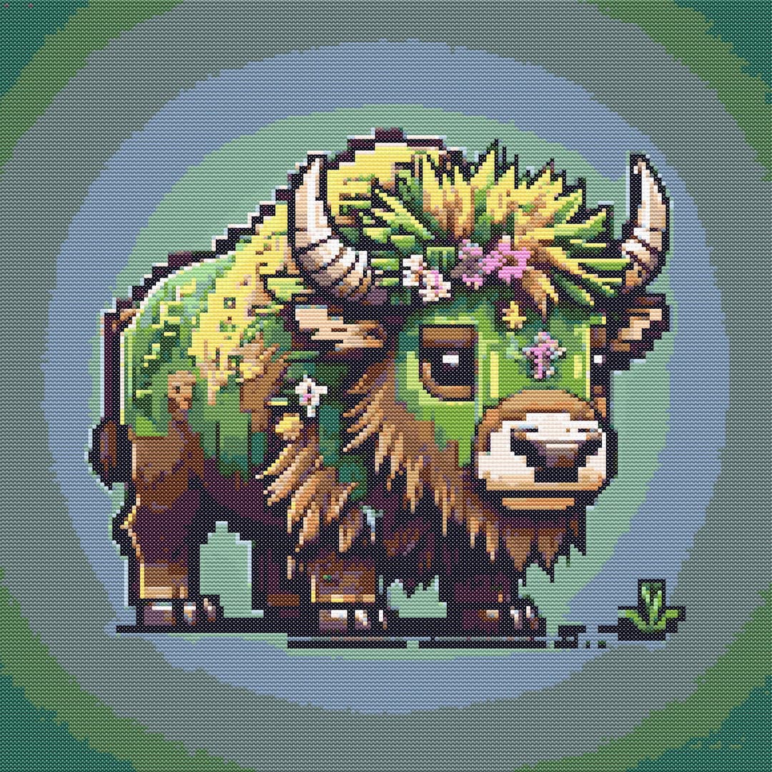 Floral Bison Cross Stitch Pattern, Bison Spring Mini Modern X-stitch ...