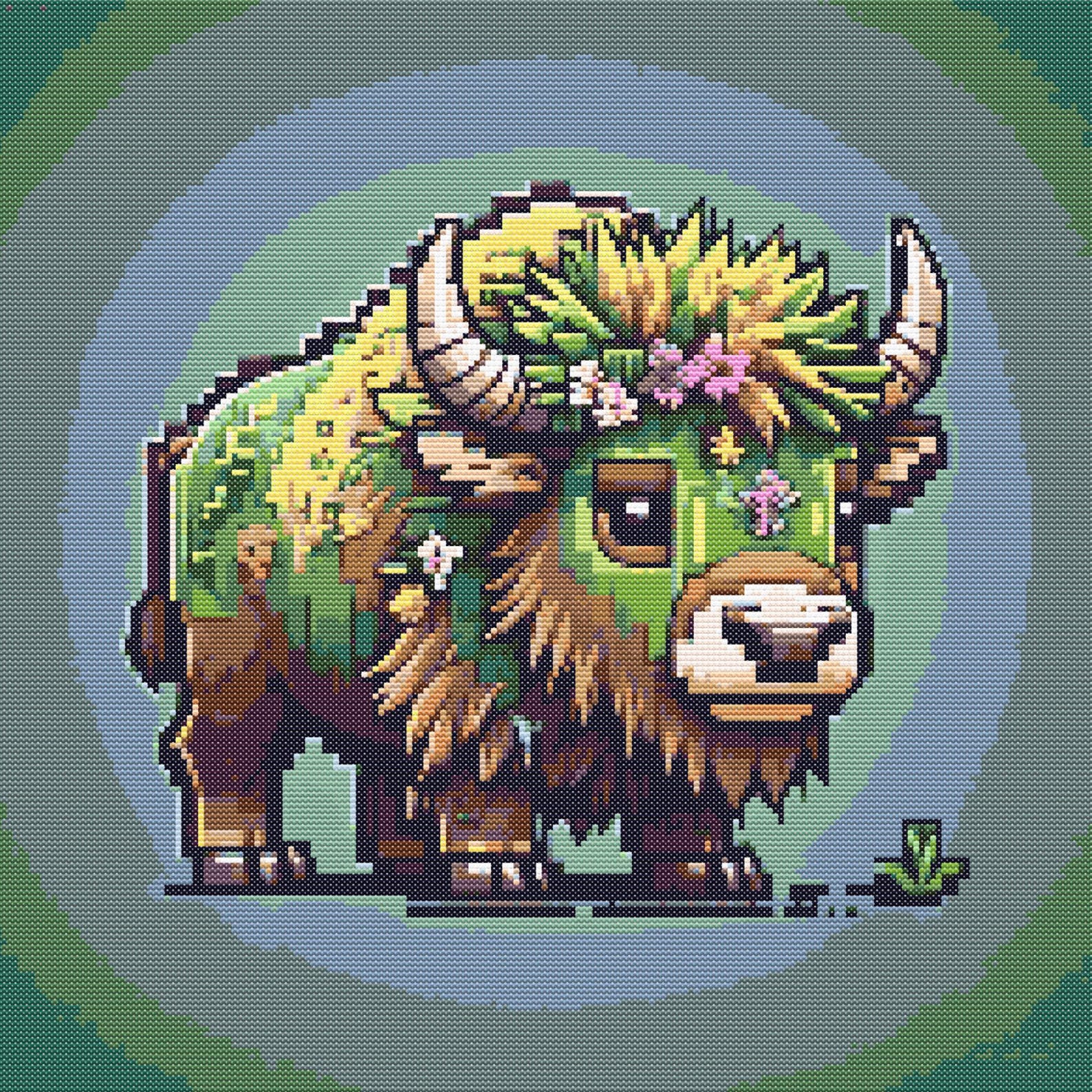 Floral Bison Cross Stitch Pattern, Bison Spring Mini Modern X-stitch ...