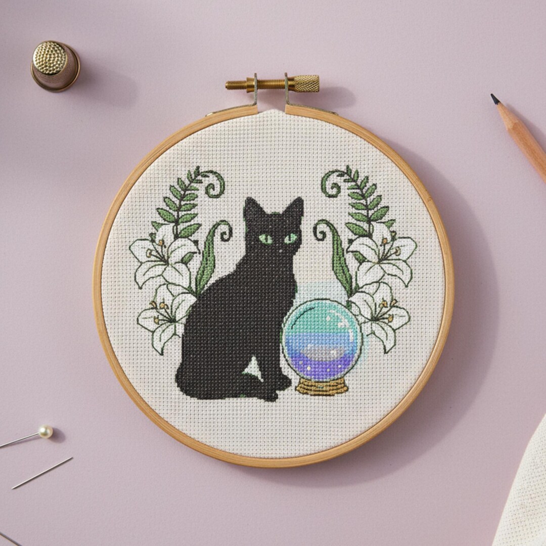 Fortune Cat Cross Stitch Pattern PDF, Crystal Ball Feline Embroidery ...
