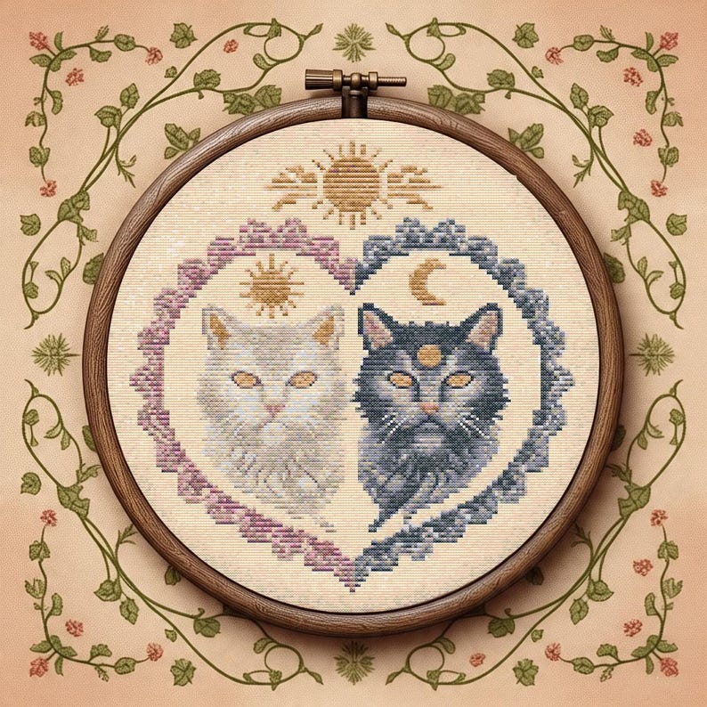 Sun Moon Heart Cat Cross Stitch Pattern PDF, Pet Love Embroidery Chart ...