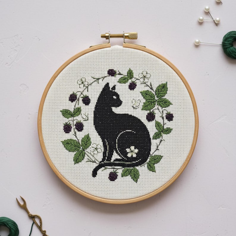 Forest Cat Cross Stitch Pattern PDF, Blackberry Feline Embroidery ...
