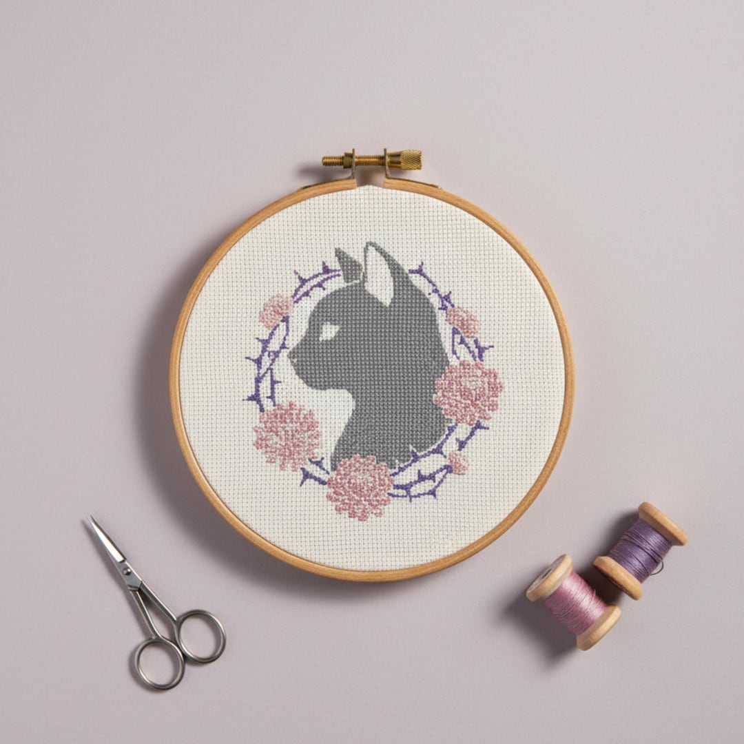 Thorn Crown Cat Cross Stitch Pattern, Gothic Feline Embroidery PDF ...