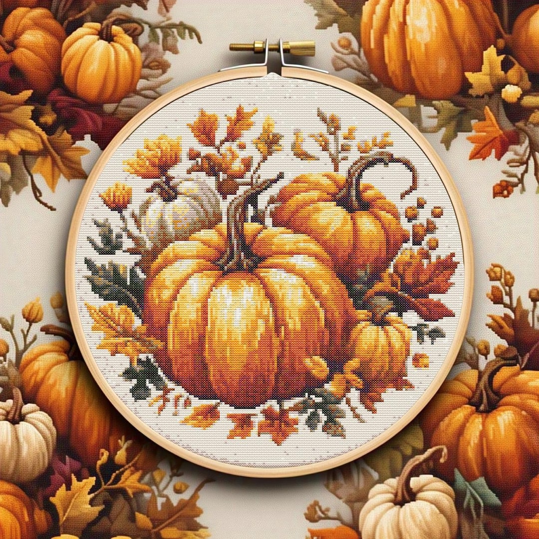 Autumn Pumpkin Cross Stitch Pattern, Fall Harvest Embroidery Kit ...