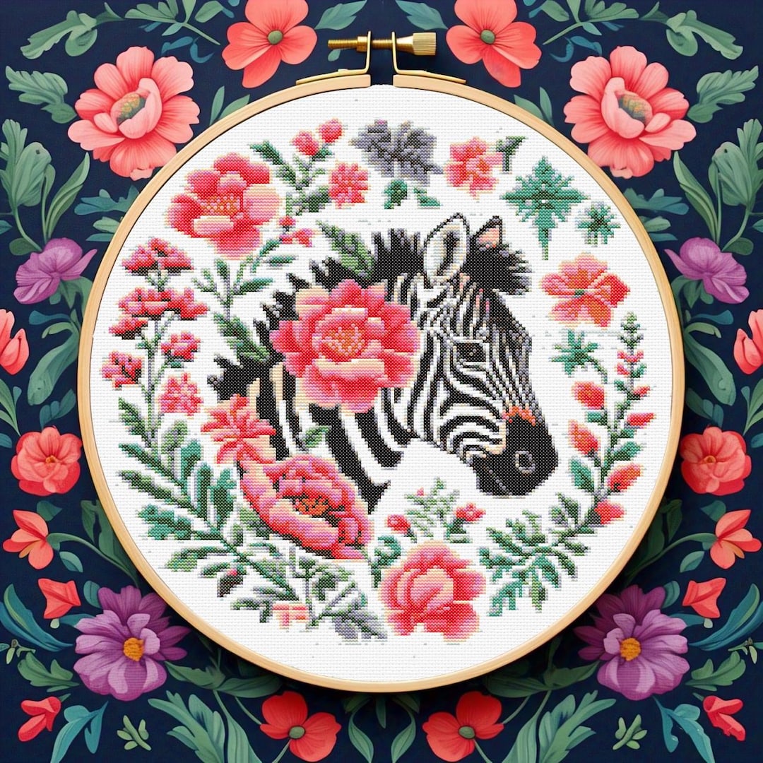 Floral Zebra Cross Stitch Pattern, Zebra Spring Mini Modern X-stitch ...