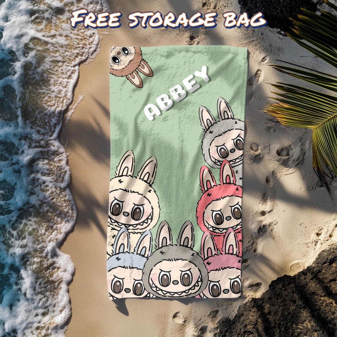 Personalized Labubu Beach Towels,cute Cartoon Name Bath Towel,summer ...