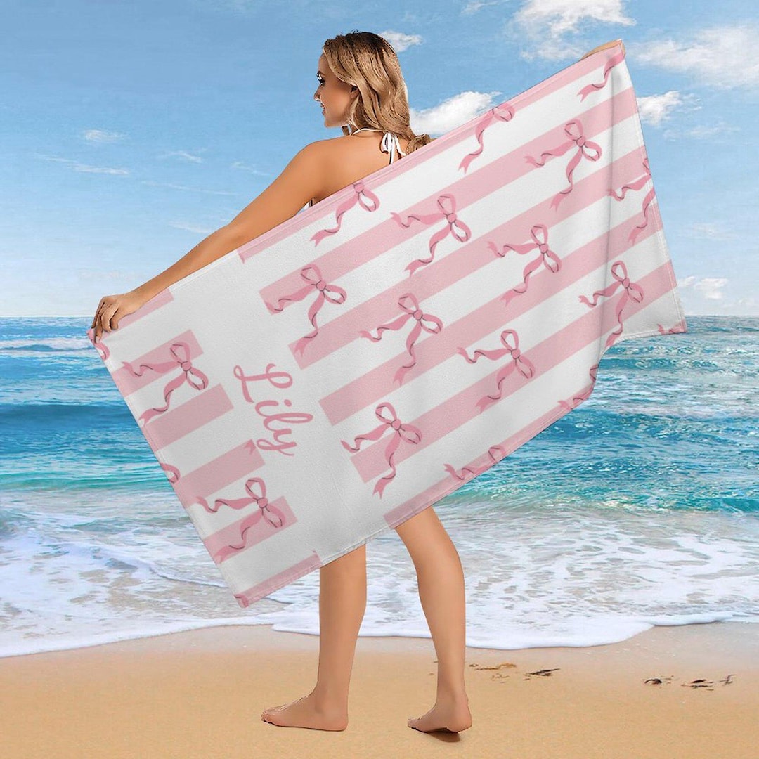 Striped With Bows Custom Name Beach Towel,coquette Bow Personalized ...