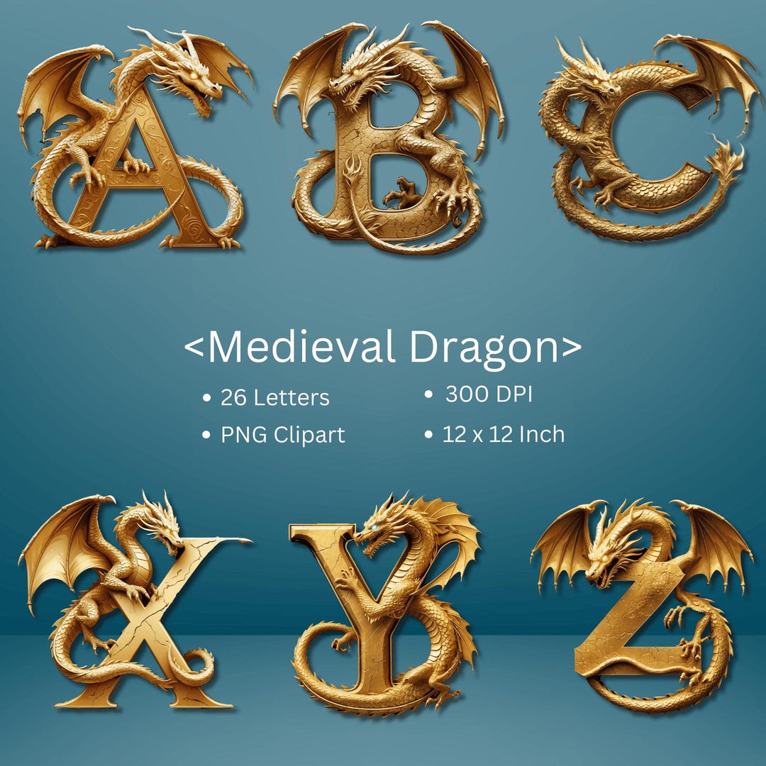 Medieval Dragon Alphabet, Dragon Clipart, Golden Letters, Dragon ...