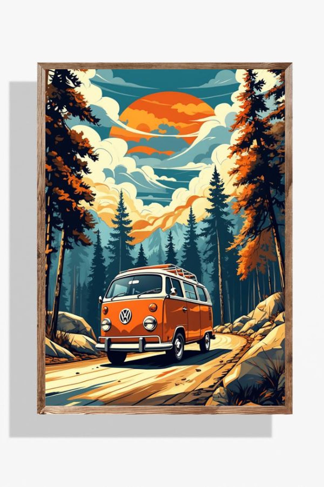 Retro Van Art, Nature Wall Art, VW Van Art, High Quality, Orange Van ...