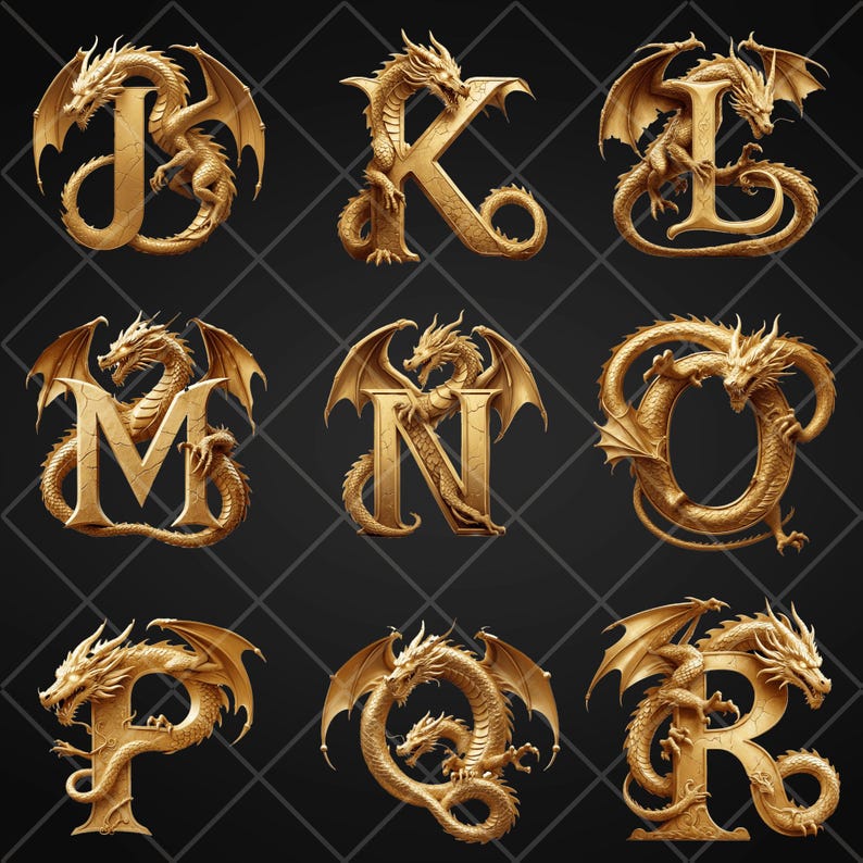 Medieval Dragon Alphabet Clipart: Golden Letters PNG (digital Download ...