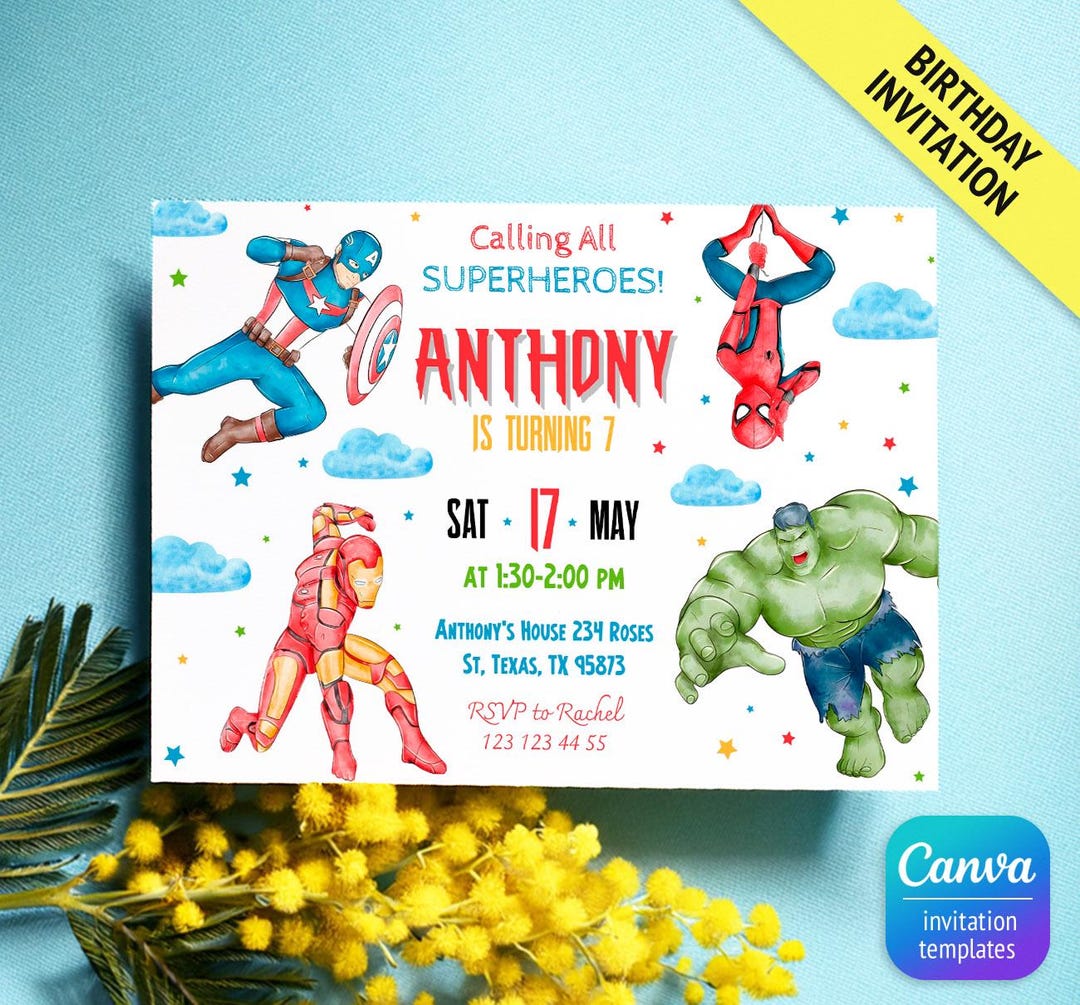 Printable Boy Birthday Invite, Super Hero Editable Party Invitation ...