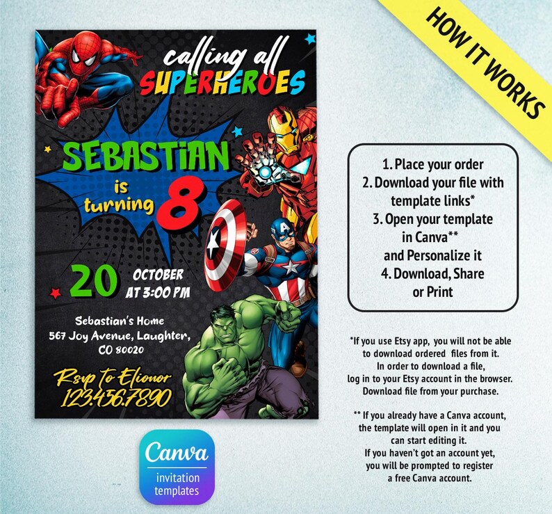 Printable Boy Birthday Invite, Super Hero Editable Party Invitation ...