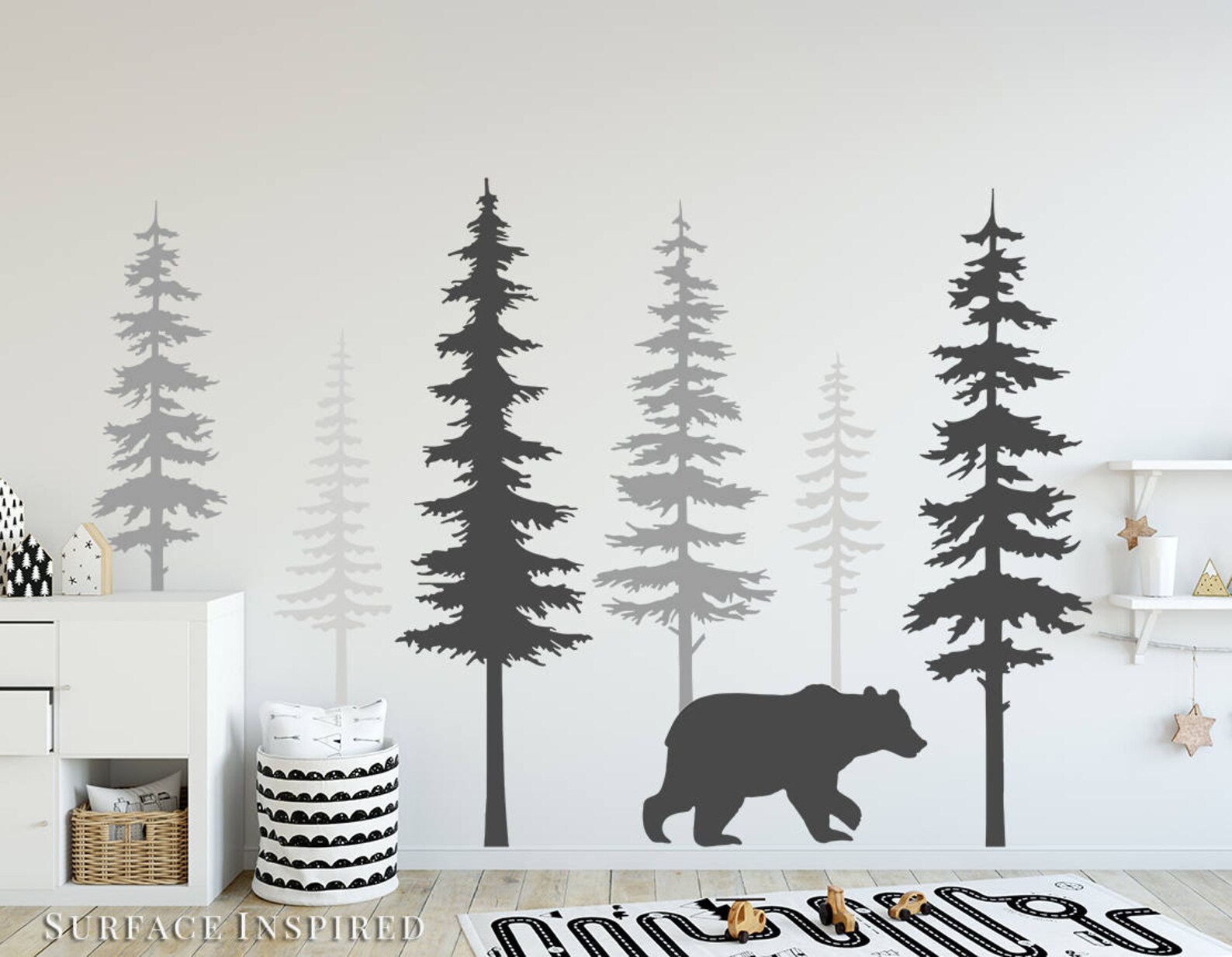 Wall Decal Kids Nursery Pine Tree Wall Decals With Large Bear - Etsy