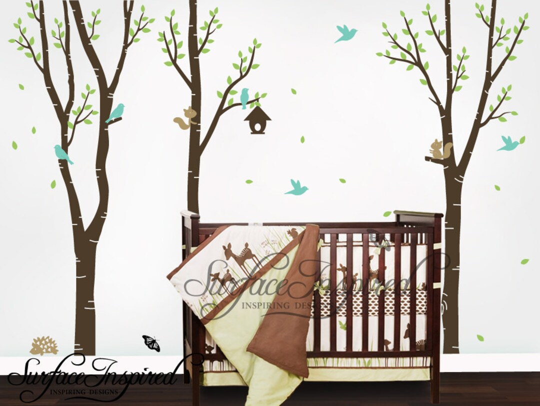 Tree Wall Decals With Birds and Animals. Baby Birch Nursery Wall Decals ...