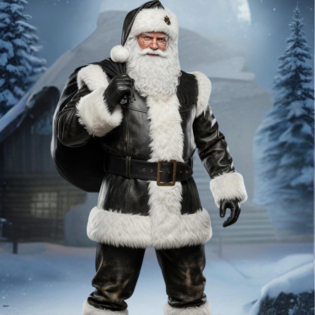 Genuine Leather Santa Costume – Black Gothic Christmas Coat With Fur ...