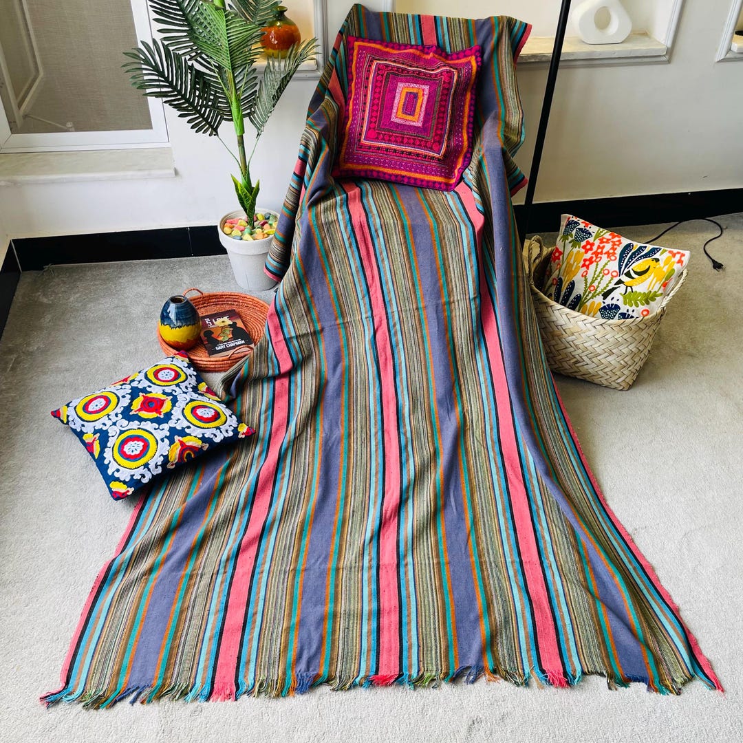 X Large Pink Green Striped Throw Blanket, Woven Throw for Couch, Chair ...