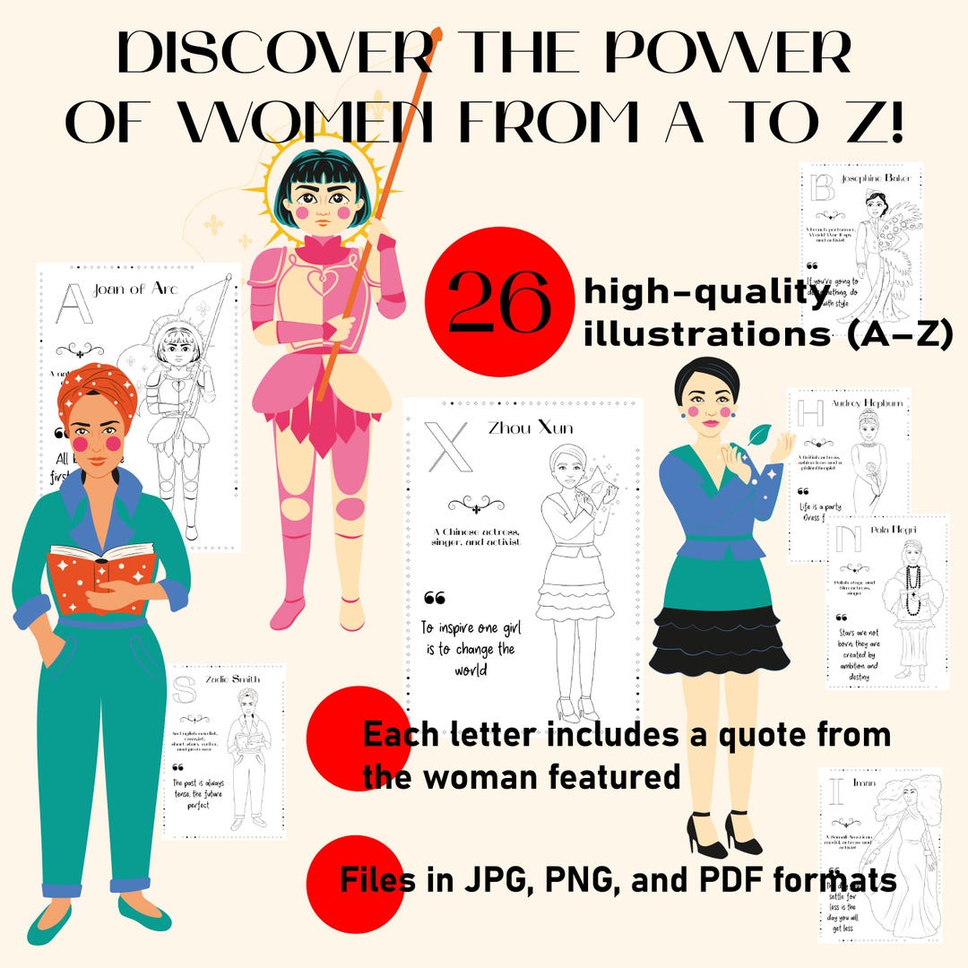 Famous Women Coloring Pages, A-Z Digital Prints, Feminist Kids Study ...