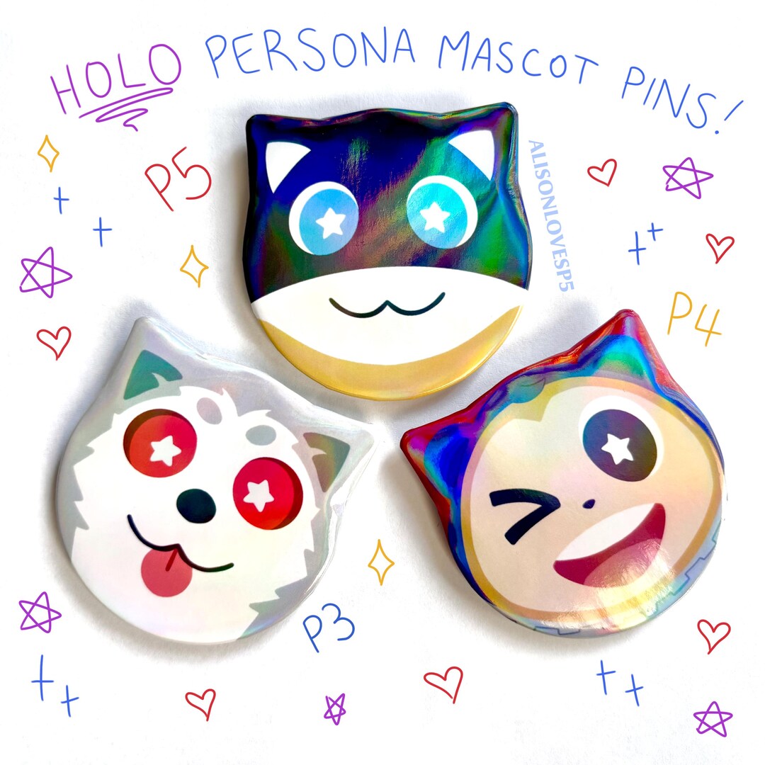 HOLOGRAPHIC Persona 5 4 3 Morgana Koromaru Teddie Mascot Buttons ...