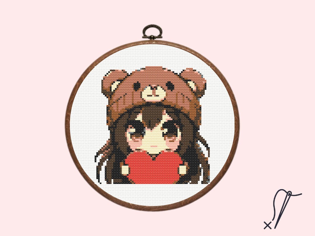 Chibi Girl Cross Stitch Pattern | Teddy Bear Chibi Girl Love Heart Dark ...
