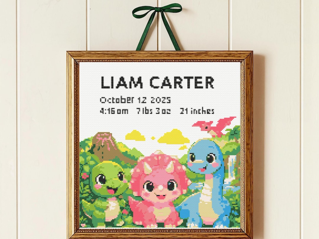 Birth Announcement Cross Stitch Pattern PDF | Cute Dino Sampler | DIY ...