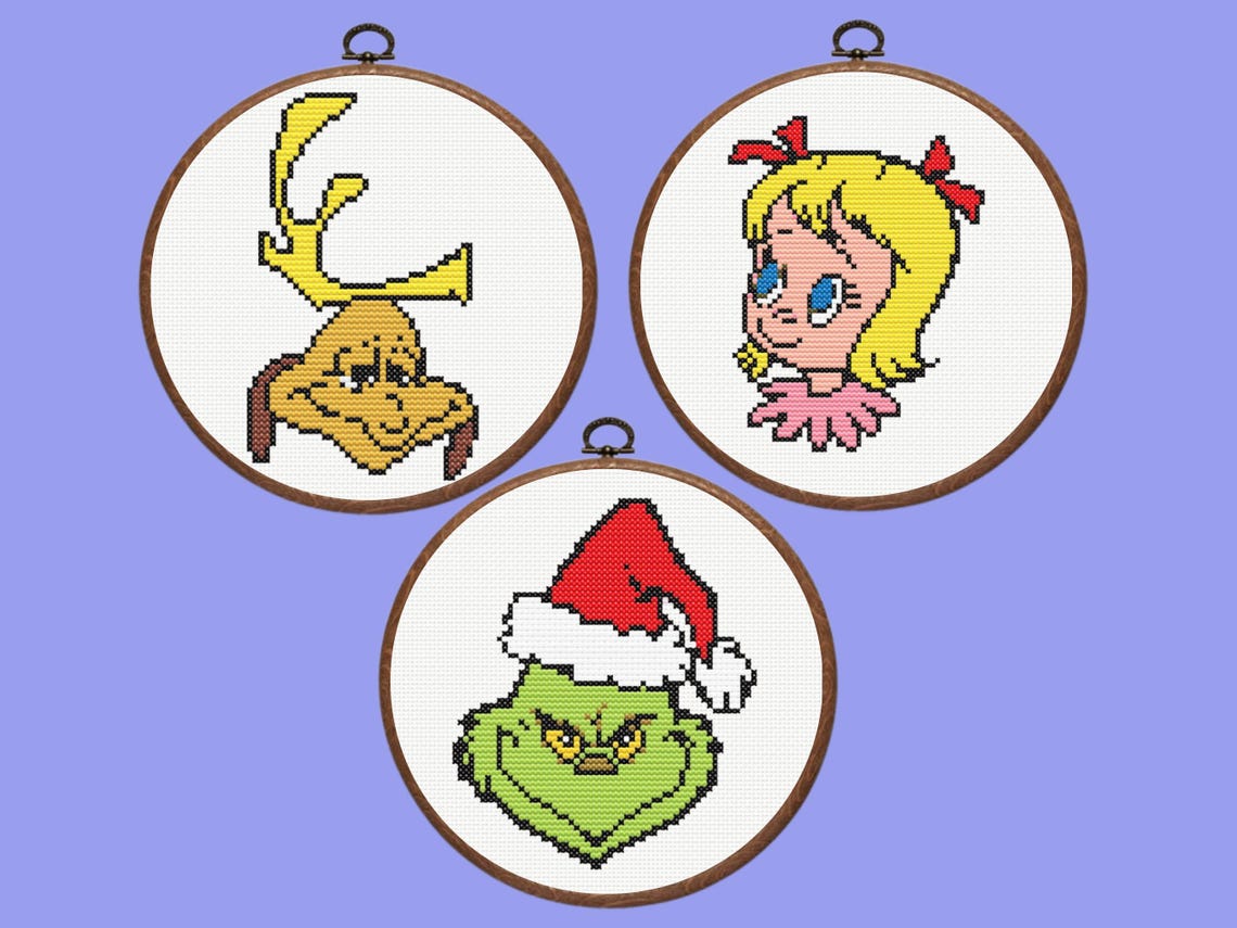 Grinch Cross Stitch Pattern, Set of 3 Christmas Cross Stitch Patterns ...