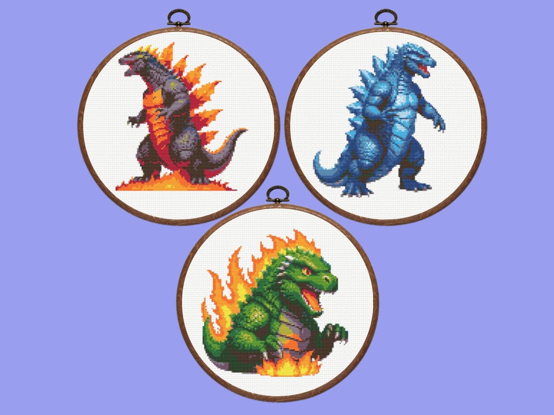 Godzilla Cross Stitch Pattern | Set of 3 Monster Cross Stitch Pattern ...