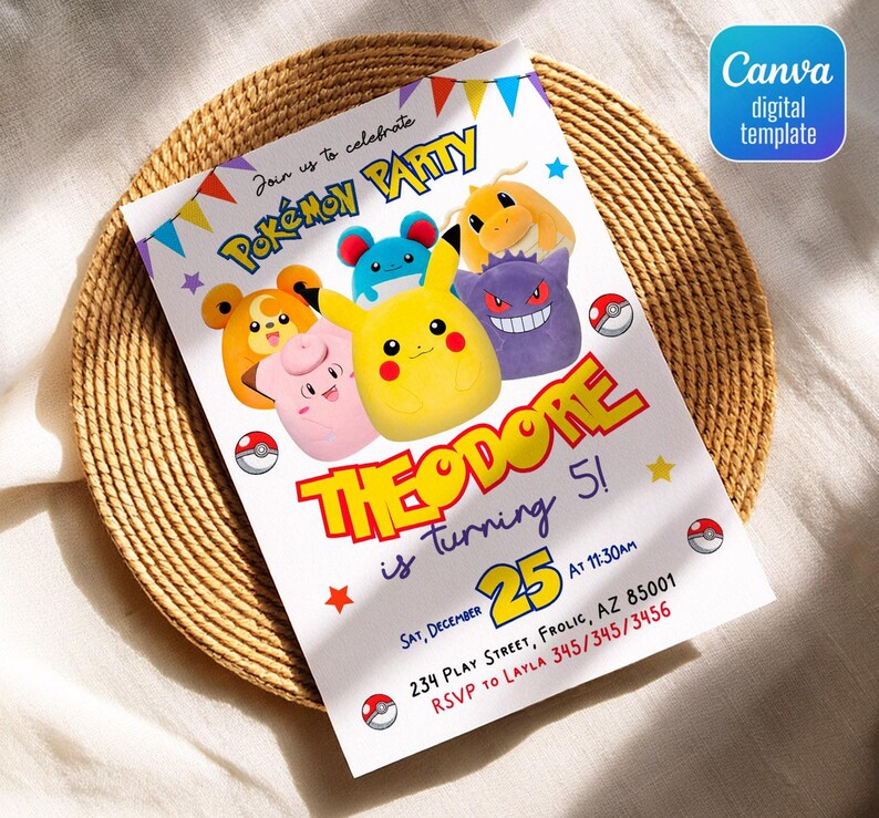 Squish Pikachu Invitation, Pokemon Evite Template, Printable Birthday ...