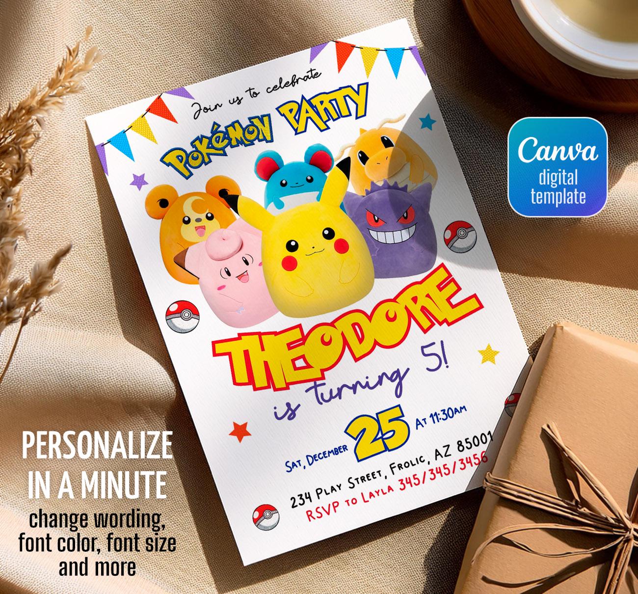 Squish Pikachu Invitation, Pokemon Evite Template, Printable Birthday ...