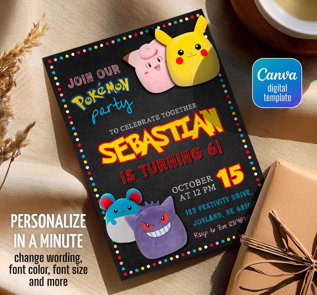 Squish Pikachu Invitation, Pokemon Evite Template, Printable Birthday ...